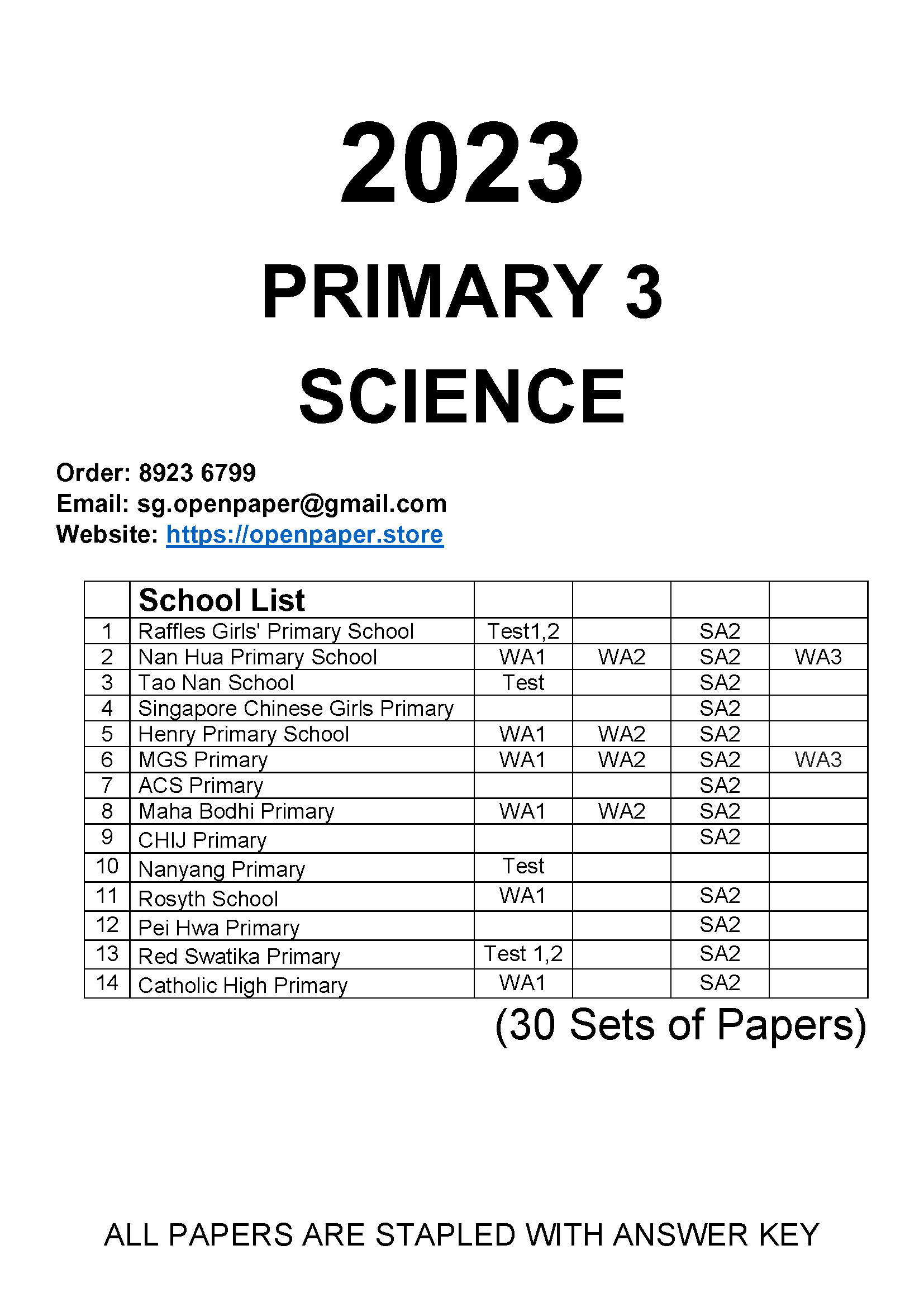 2023 Primary 3 - Singapore Top School Past Year Exam Paper | Open Paper