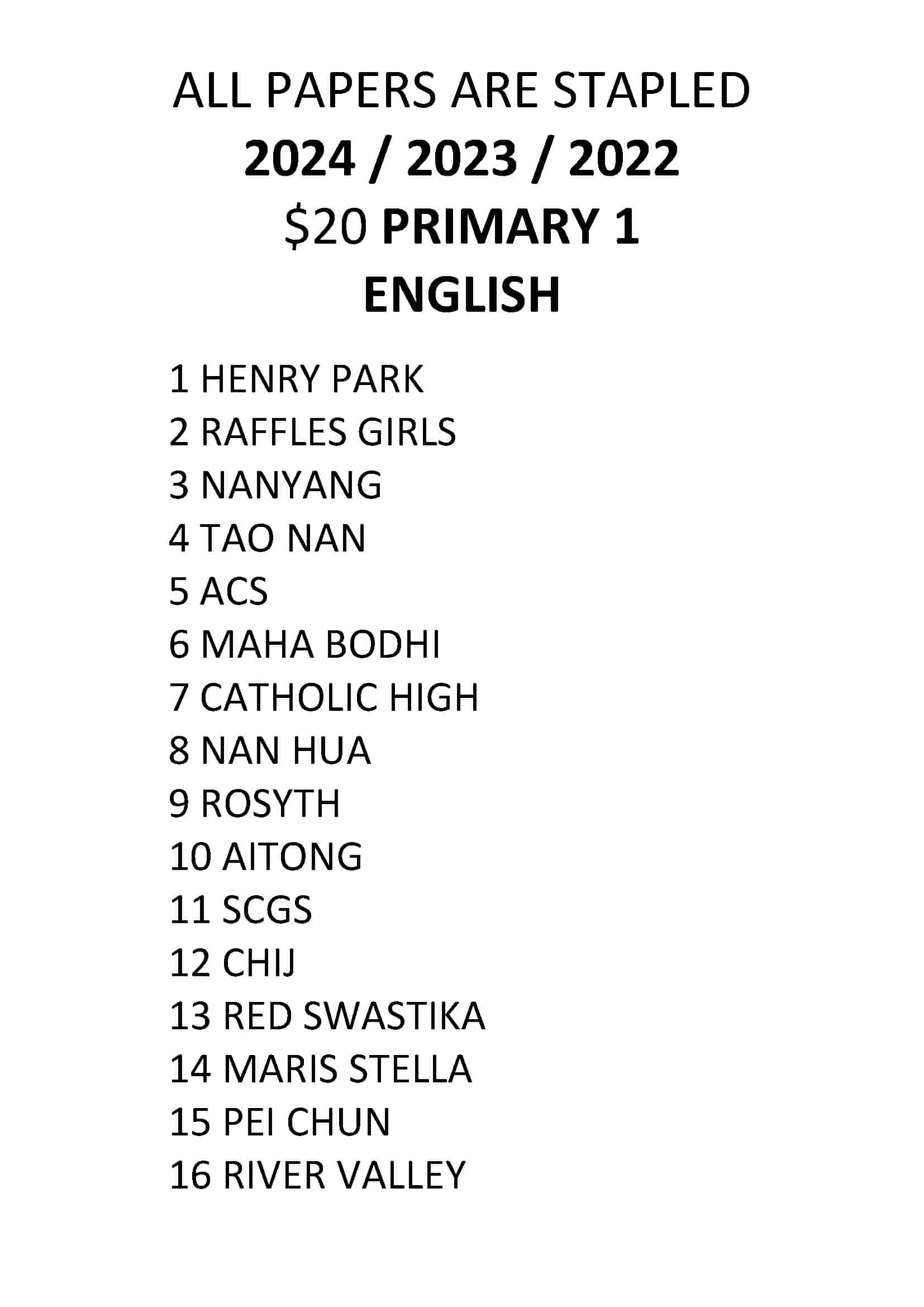 2024 Primary 1 Top School Past Year Exam Papers - Open Paper